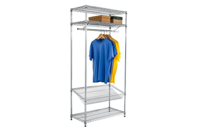 Garment rack with overshelf and sloping shelf | MeshSTOR