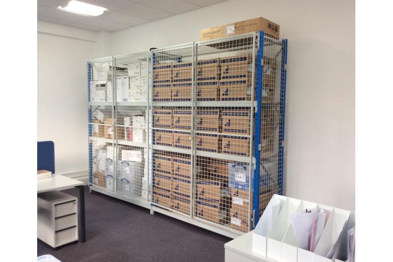 Security mesh longspan shelving & racking with lockable doors | MeshSTOR